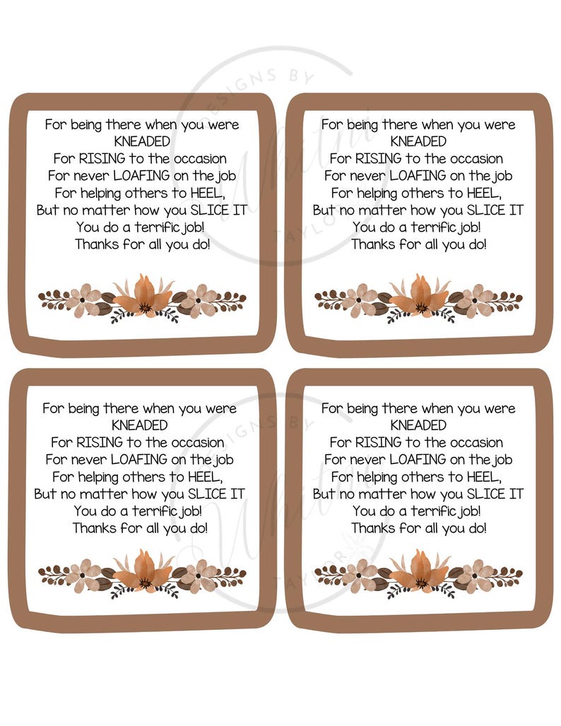 Bread Thank You Gift Tag- Teacher Gift Tag- Favor Tags Printable - Etsy