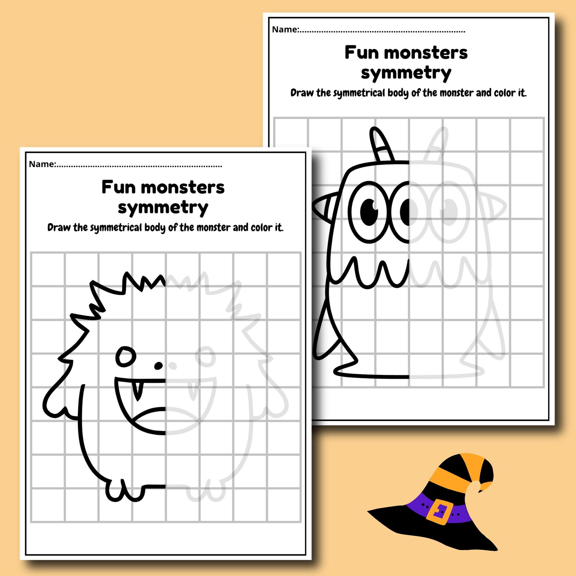 Monster Symmetry Drawing Activity: Halloween Coloring Pages (digital ...