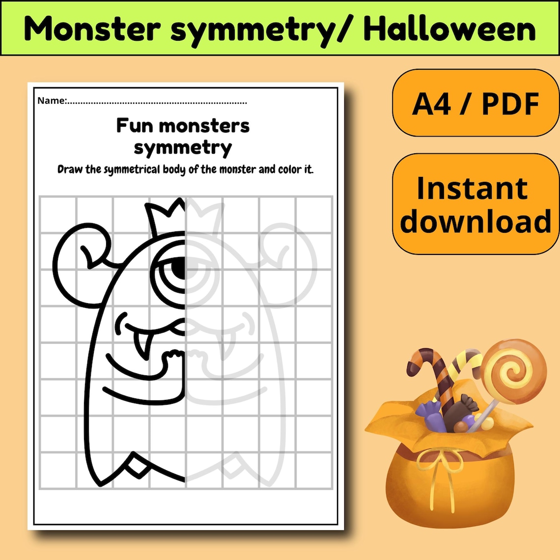 Monster Symmetry Drawing Activity: Halloween Coloring Pages (digital ...