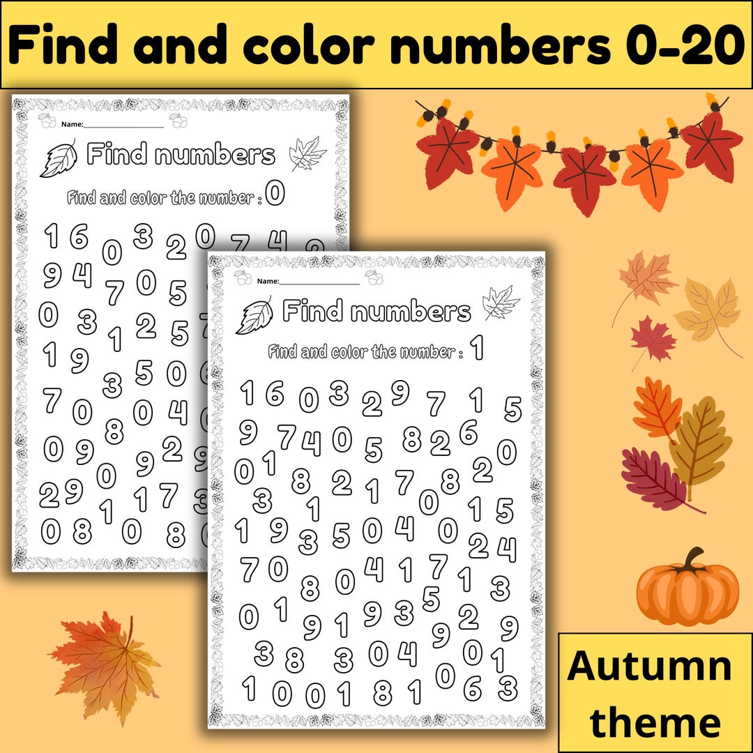 21 Find and Color Number Sheets, It's Fall, 0-20, Prek, Kindergarten ...