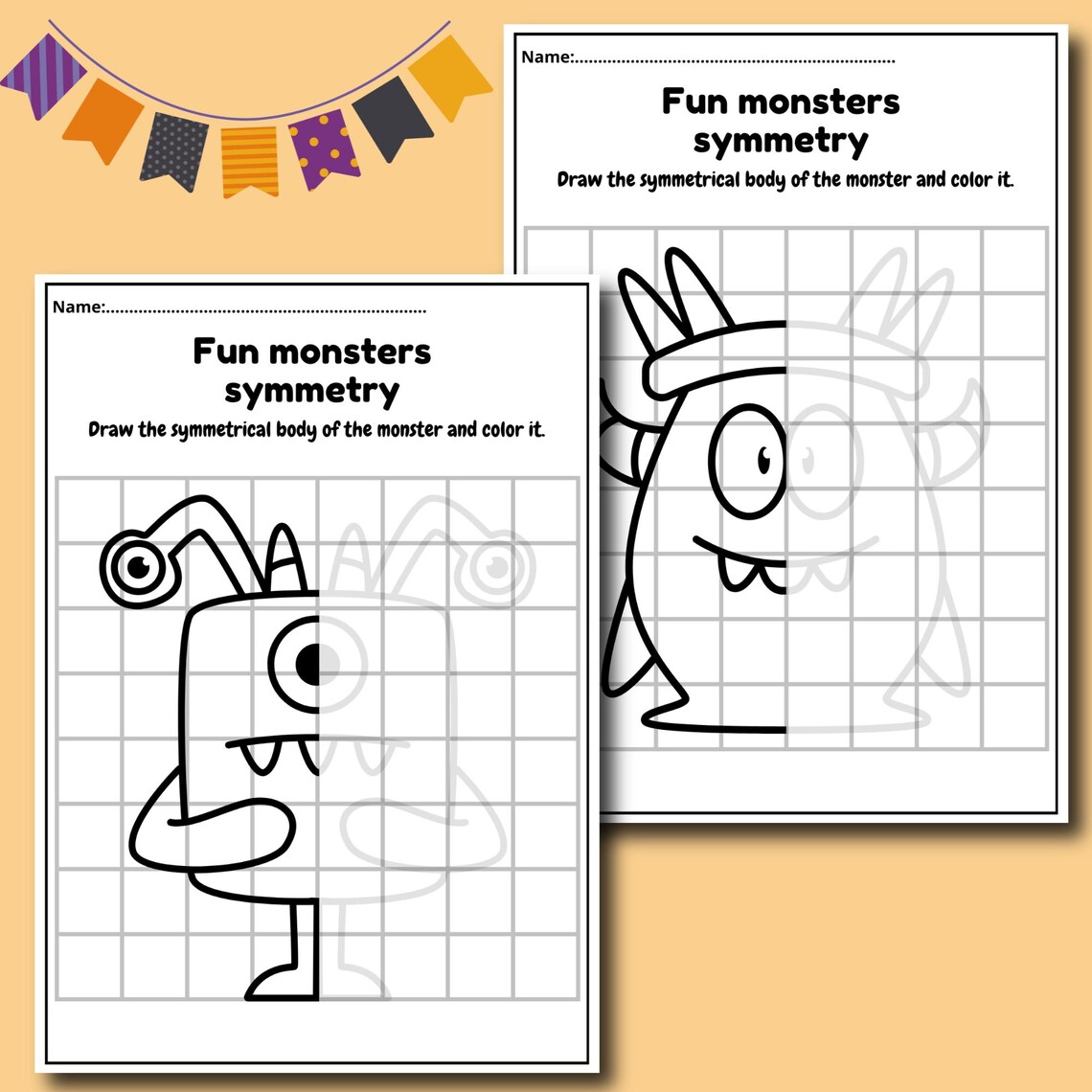 Monster Symmetry Drawing Activity: Halloween Coloring Pages (digital ...