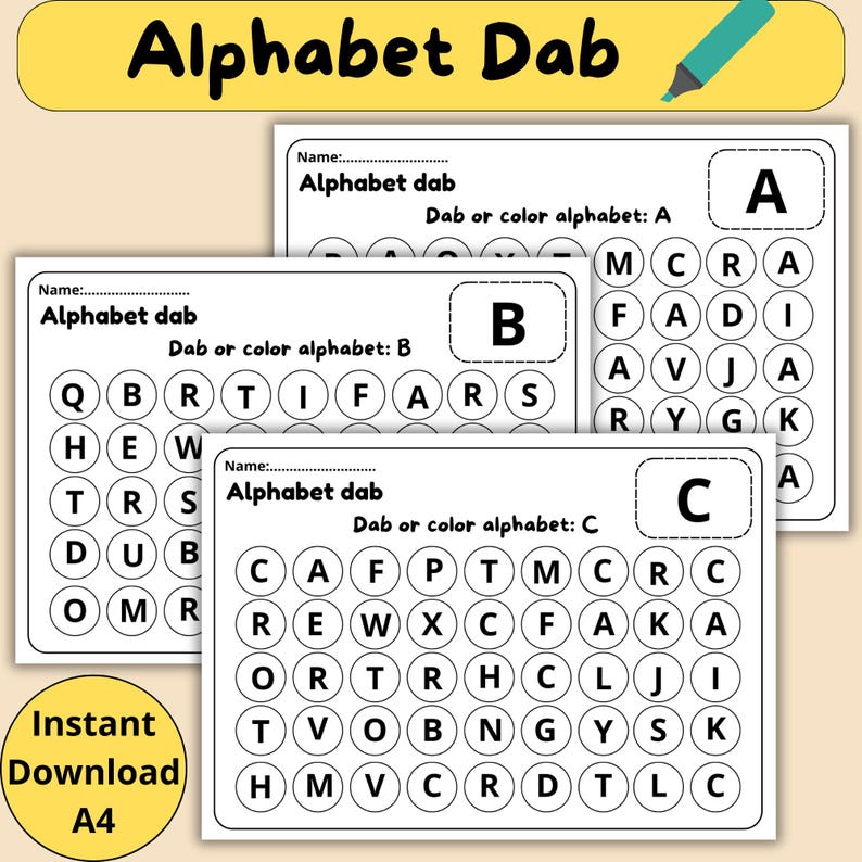 Alphabet Dab, Printable Worksheets, Instant Download, Kindergarten, 1st ...