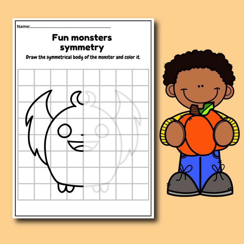 Monster Symmetry Drawing Activity: Halloween Coloring Pages (digital ...