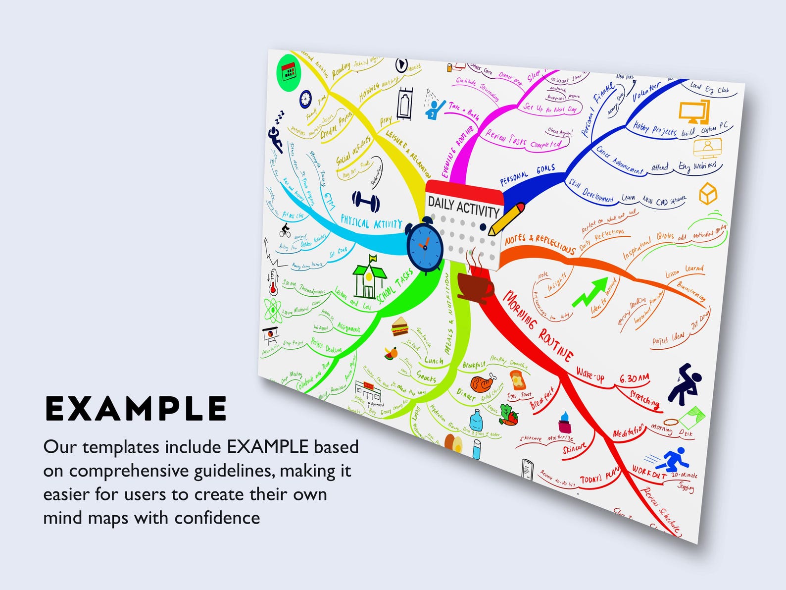 Colorful Digital Daily Activity Mind Map Template Bundle With Guideline ...