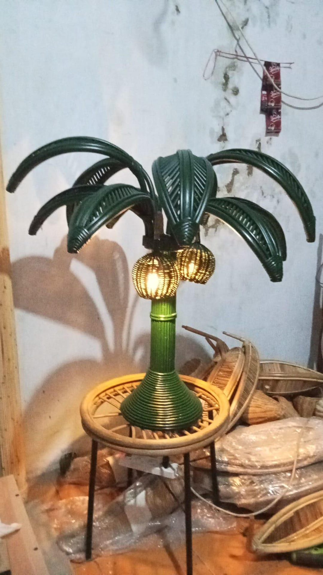 Amazing Mid Century Vintage Rattan Bamboo Palm Tree Lampshade Table ...