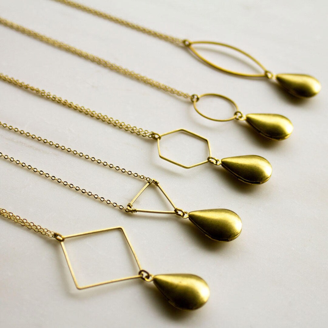 Gold Teardrop Locket Necklace: Geometric Brass Keepsake - Etsy