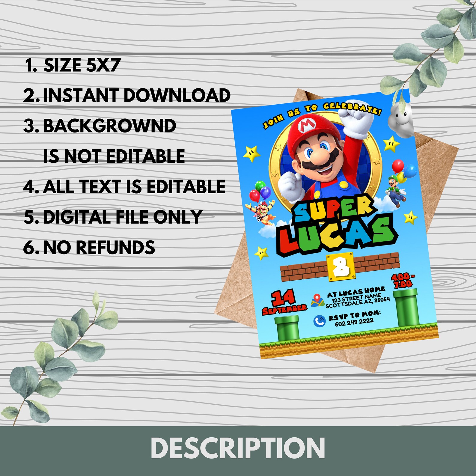 Super Mario Birthday Invitation, Kids Birthday, Mario Bros, Digital ...