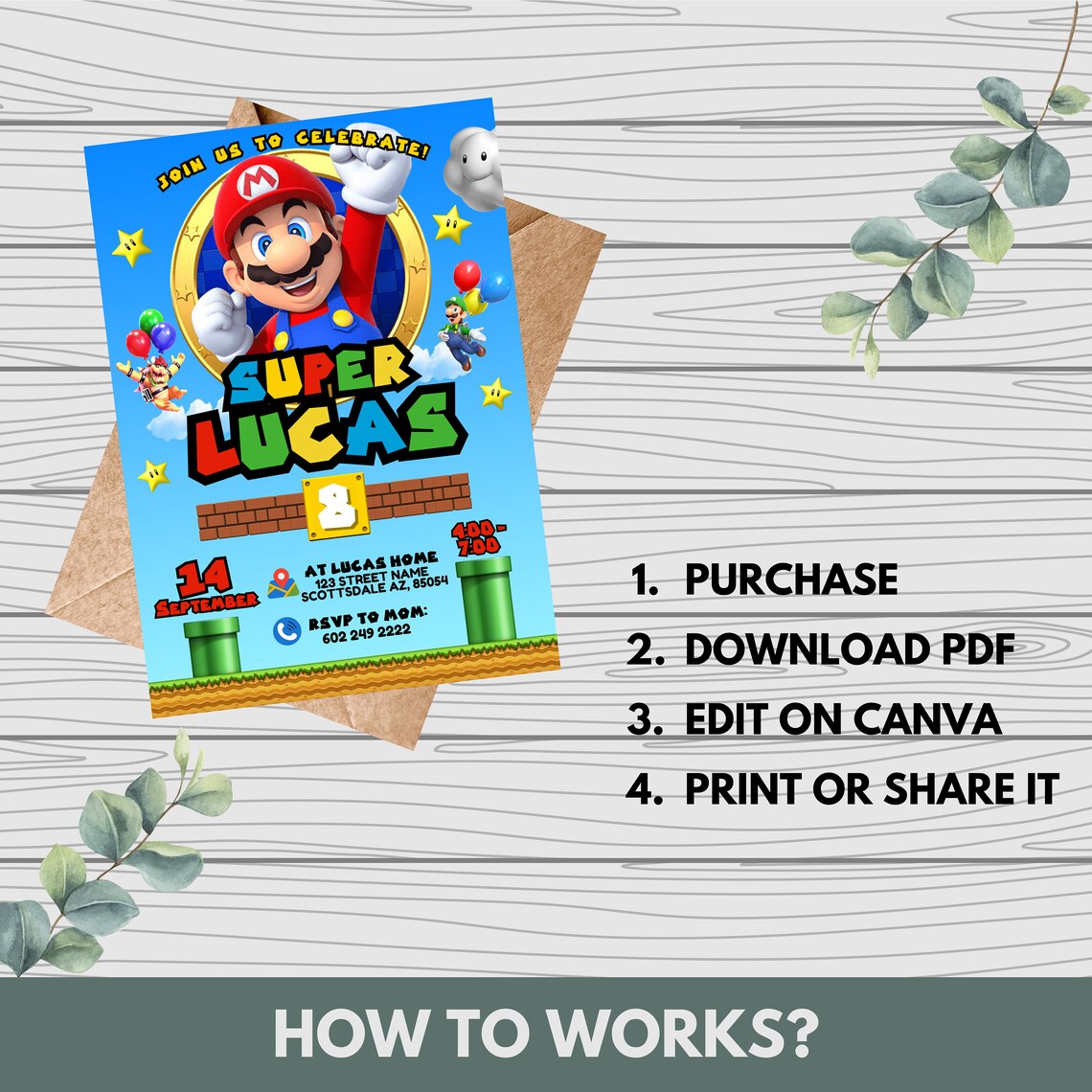 Super Mario Birthday Invitation, Kids Birthday, Mario Bros, Digital ...