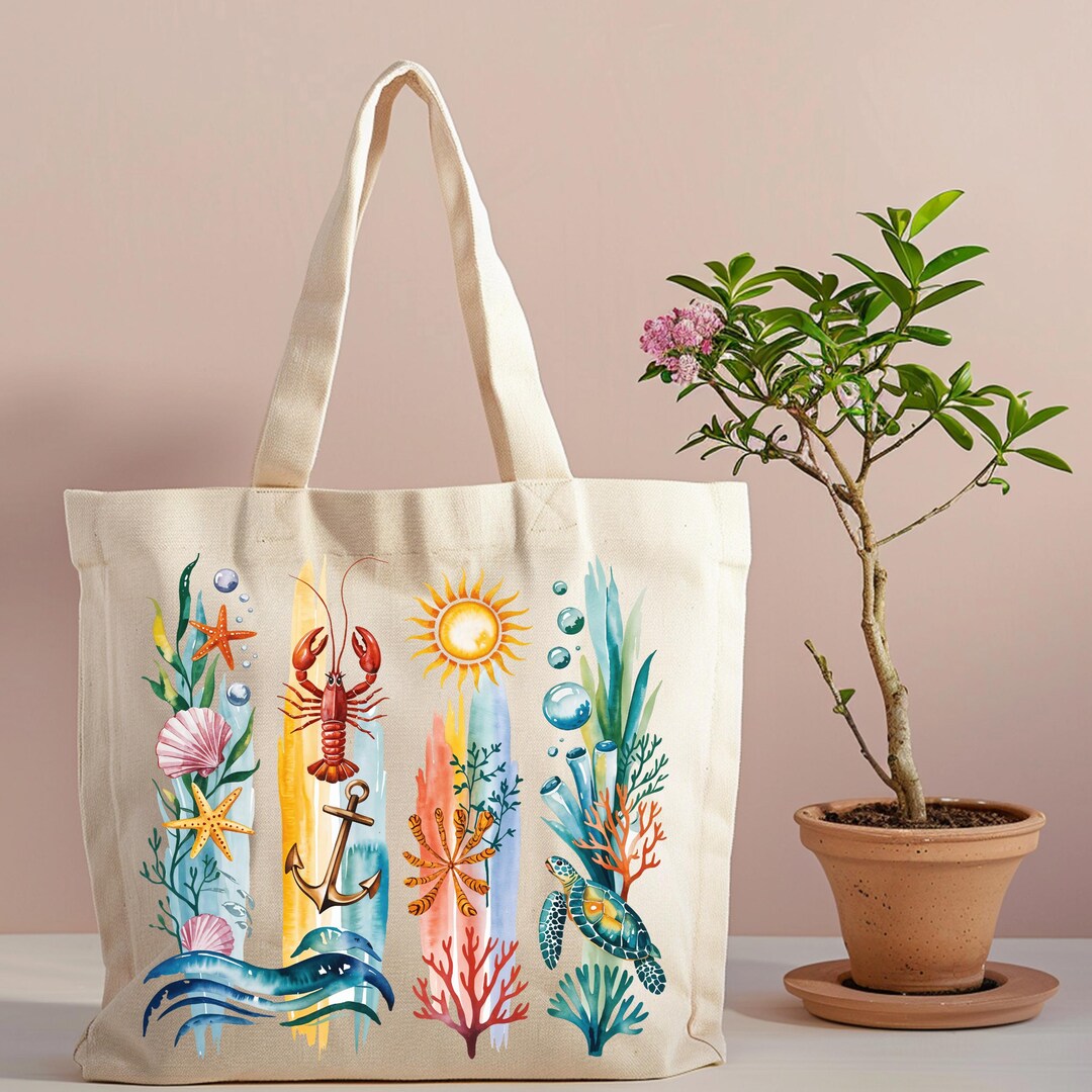 Ocean Animals Tote Bag Watercolor Sea Life Canvas Bag Beach Bag With ...