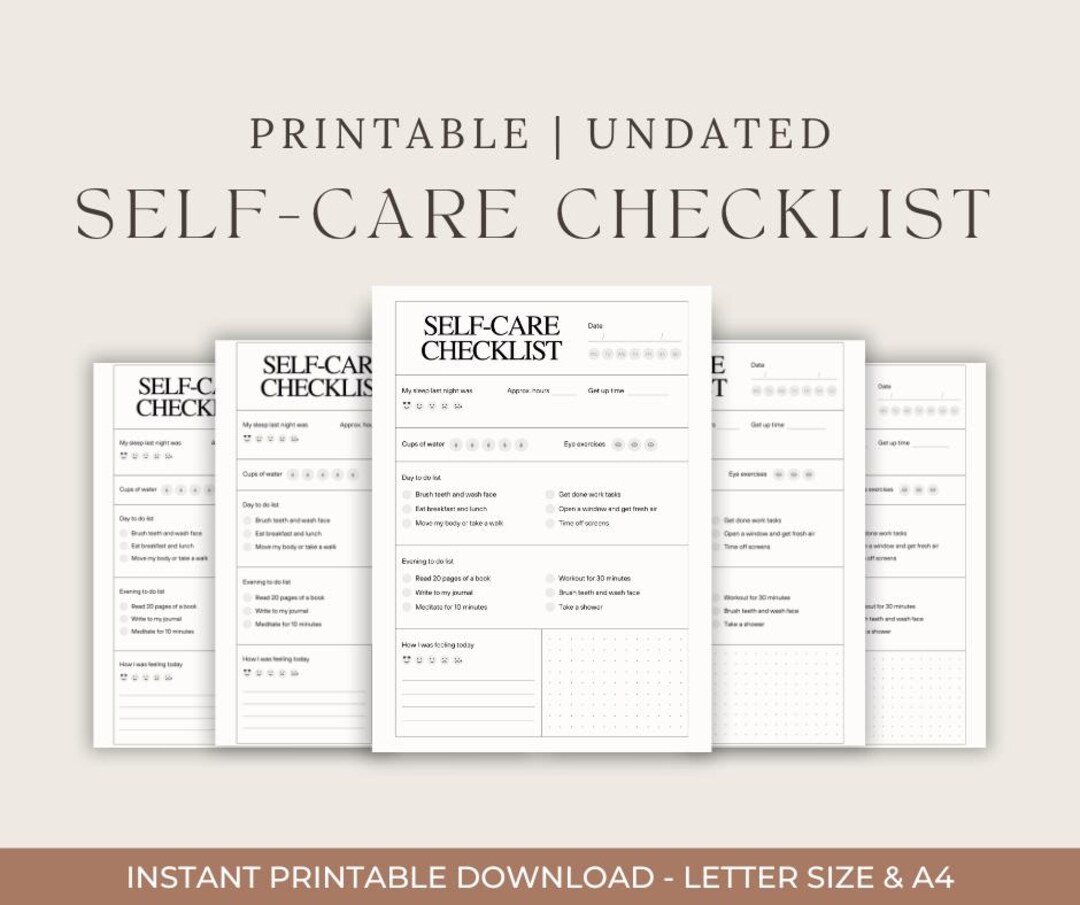 Black White Self-care Checklist Printable, Minimalist Wellness Planner ...