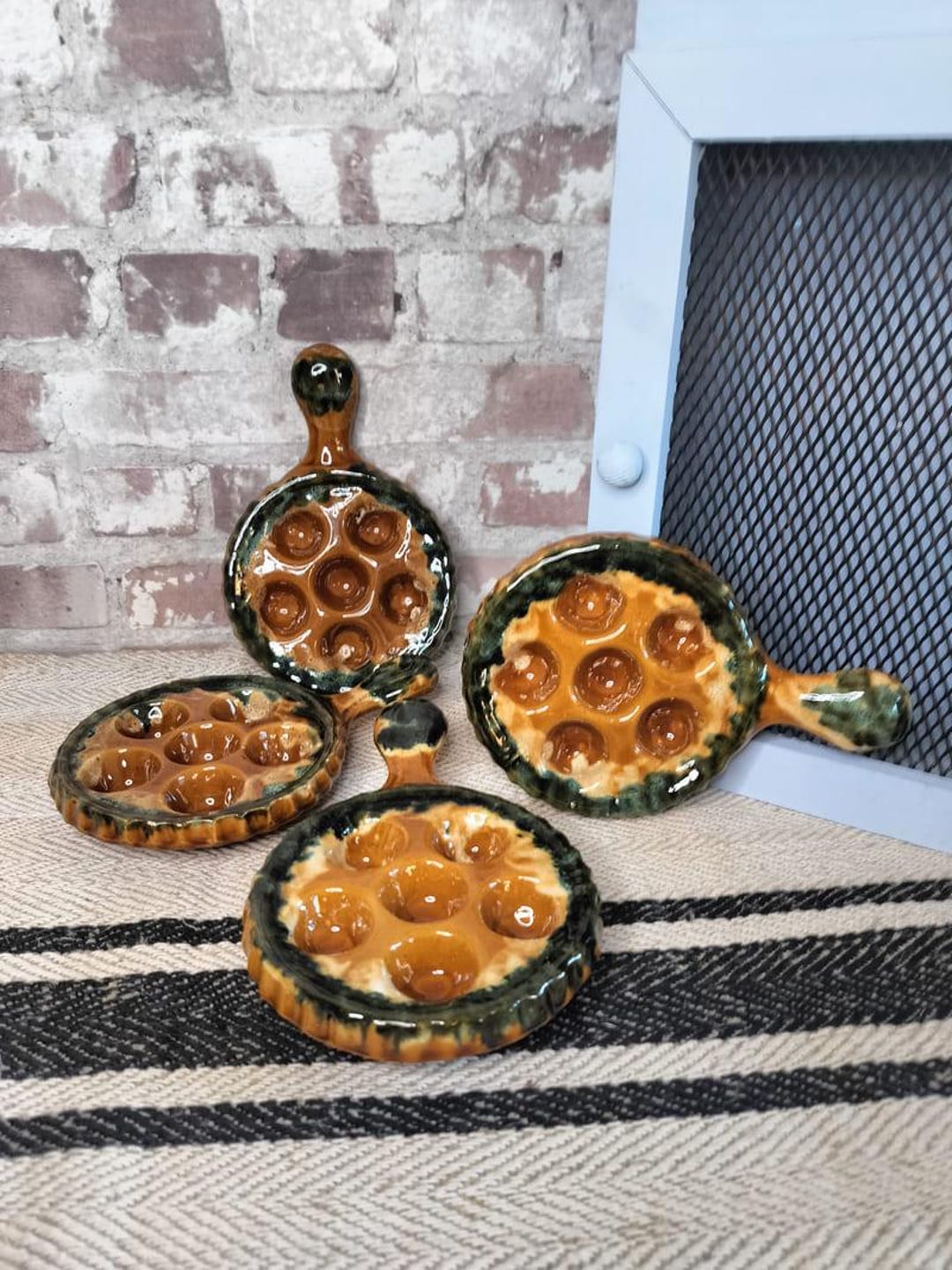 Vintage French Escargot Cassolettes Set of 4 | Mottled Brown Green ...