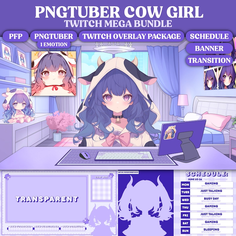Cute Cow Girl Pngtuber Model Twitch Overlay Package Avatar Banner ...