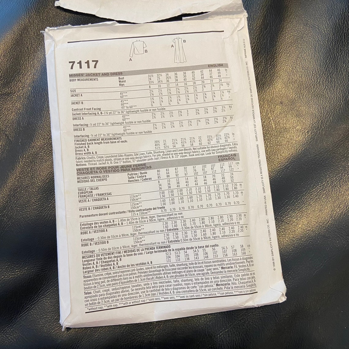 SIMPLICITY 7117 Sewing Pattern Misses Jacket and Dress Sizes 20 22 24 ...