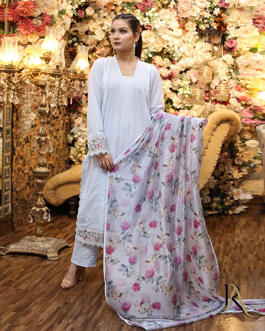 Pale Blue Lawn Full Shalvar Kameez With Silk Dupatta - Etsy