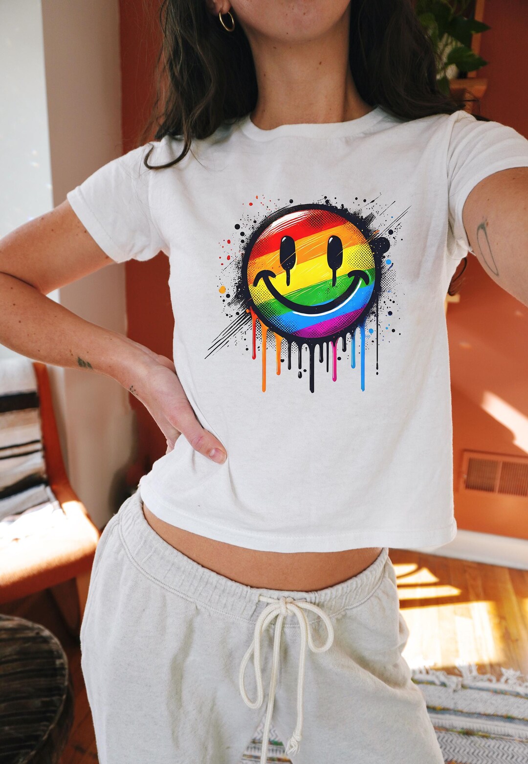Crop Top Tee, LGBT Smiley Face Printed Shirt, Rainbow Pride Short ...