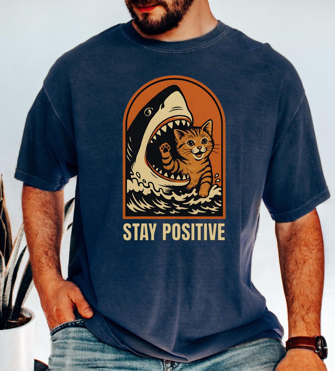 Stay Positive Shark Shirt • Funny Cat in Shark Mouth Tee • Ocean Humor ...