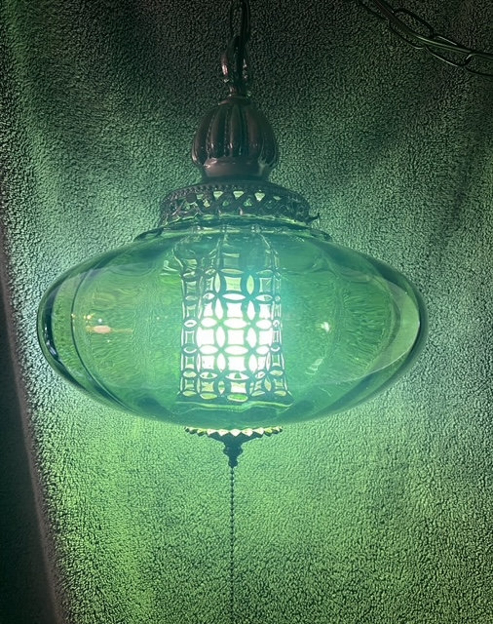 Vintage Real Green Glass UFO Saucer Hanging Swag Lamp With Diffuser ...