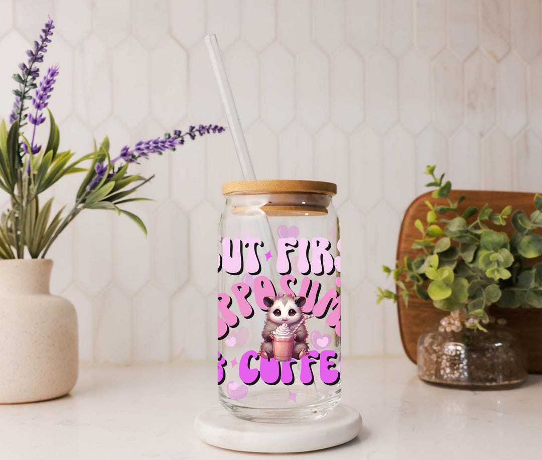 Cute Opossum Iced Coffee Cup, Pink Glass Tumbler, Gift for Opossum ...
