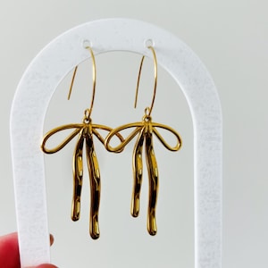 Gold Bow Earrings, Gold Ribbon Bows, Long Dangle Bow Earrings, 14K Gold ...