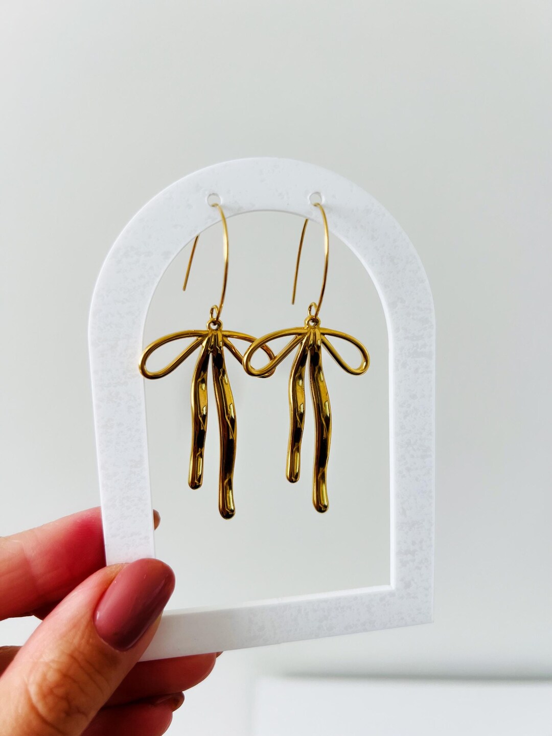 Gold Bow Earrings, Gold Ribbon Bows, Long Dangle Bow Earrings, 14K Gold ...