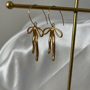 Gold Bow Earrings, Gold Ribbon Bows, Long Dangle Bow Earrings, 14K Gold ...