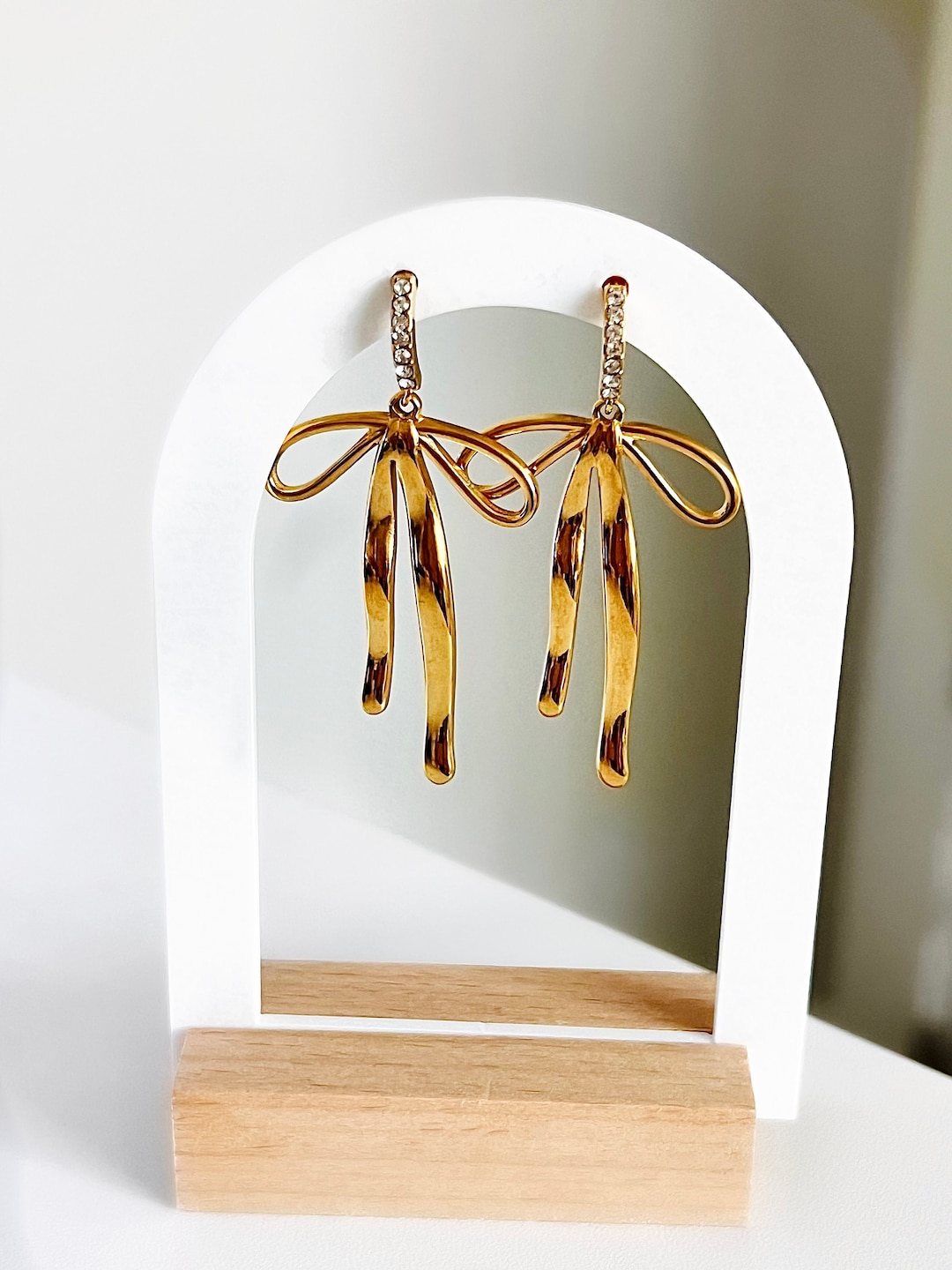 Gold Bow Earrings, 14K Gold Ribbon Bows, Long Dangle Bow Earrings ...