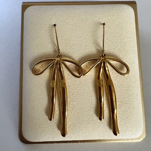 Gold Bow Earrings, Gold Ribbon Bows, Long Dangle Bow Earrings, 14K Gold ...