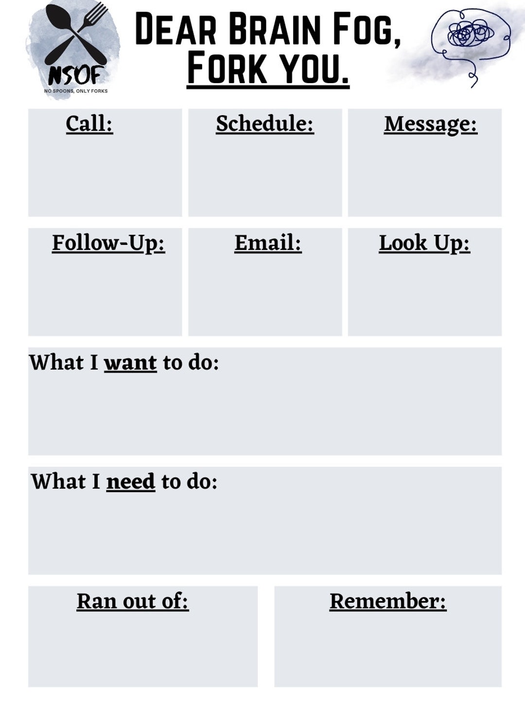 Brain Fog Blaster, Brain Dump Sheet, ADHD Brain Tracker, Fork You Brain ...