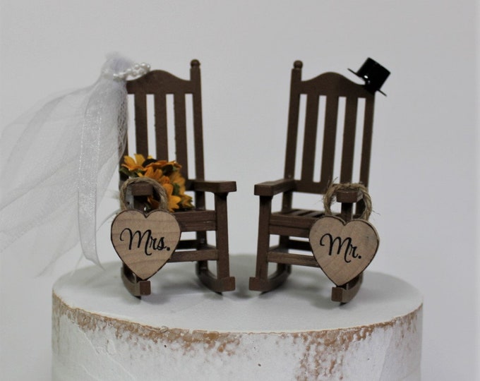 Wedding Cake Topper, Bride, Groom, Rocking Chairs, Sunflowers, Country ...