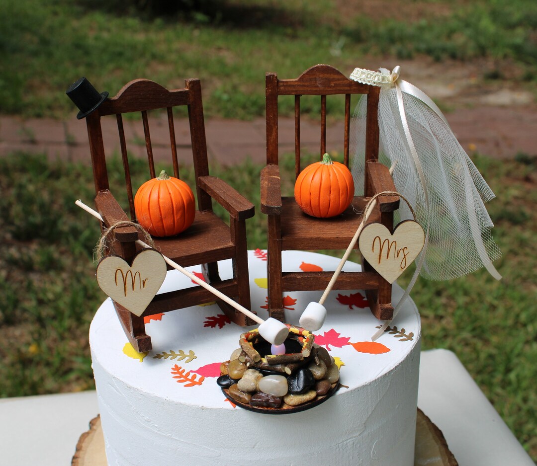 Fall-camping-wedding-cake Topper-bride-groom-fire Pit-unique-pumpkin ...