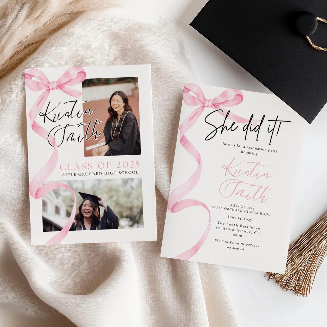 Pink Ribbon Graduation Invitation Template: Photo Grad Party ...