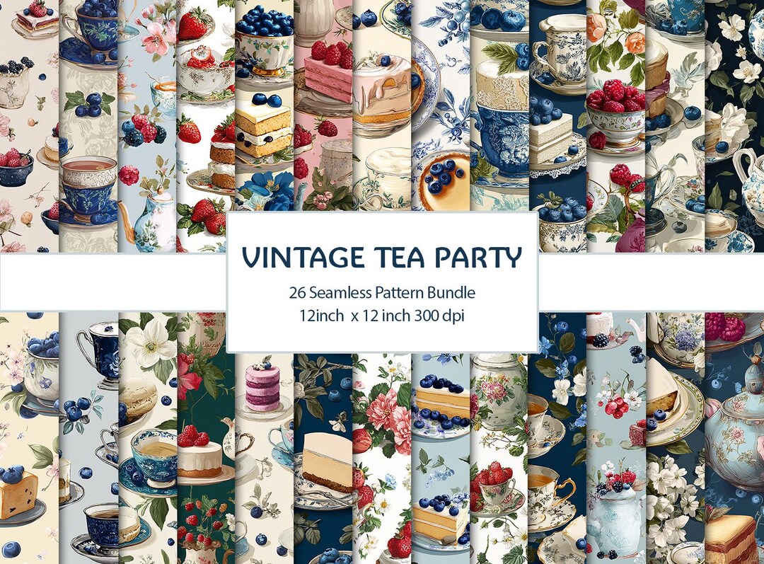 Vintage Tea Party Digital Paper - Seamless Floral & Dessert Scrapbook ...