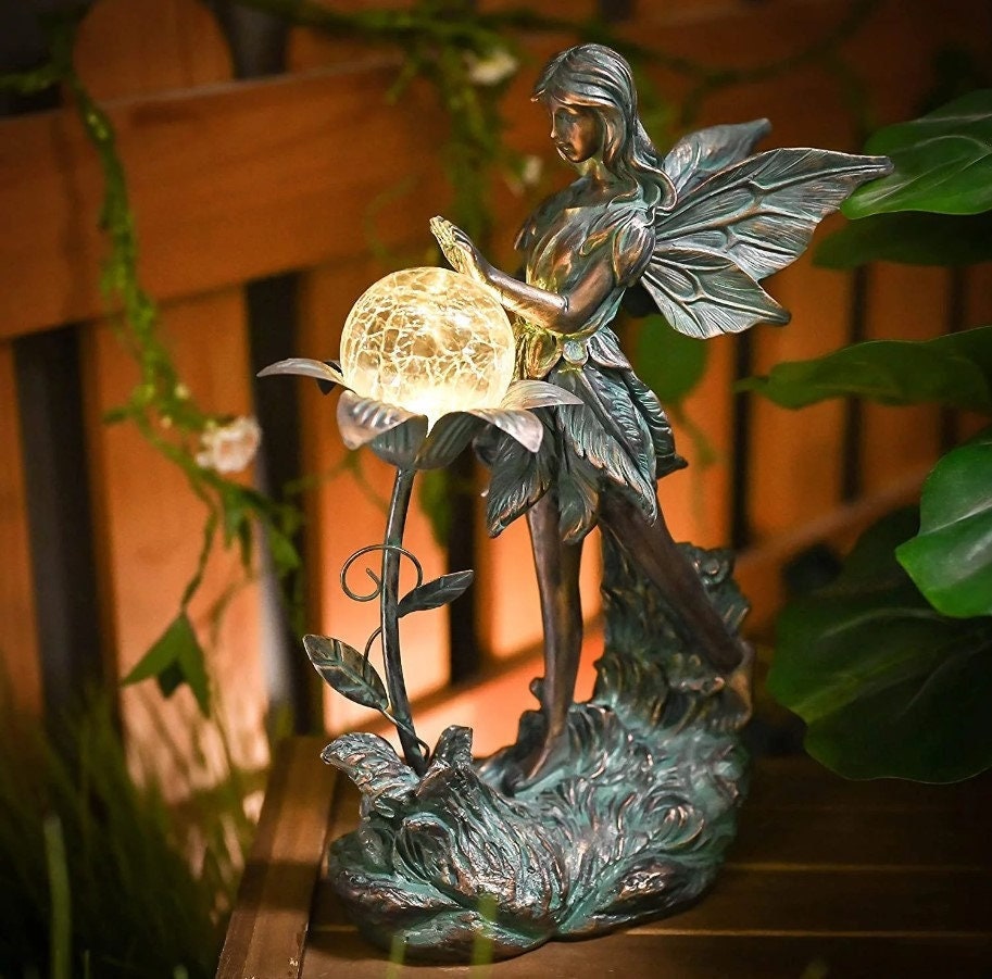Large Garden Fairy Outdoor Statue Garden Sculptures Statues With Crackle Glass Globe Etsy