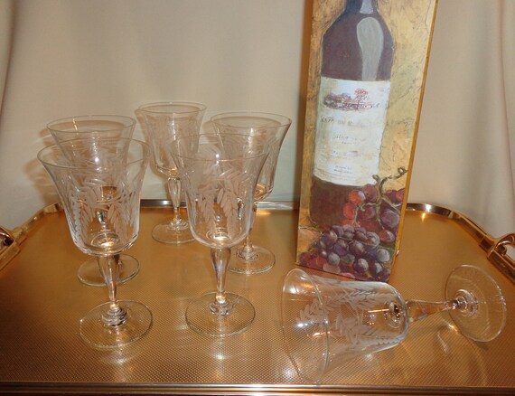 Vintage Glass MCM Spanish Moss Etched Wine Water Glasses 6 - Etsy