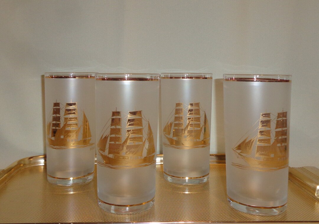 Vintage Glass Culver Frosted Clipper Ships Highball Cocktail Glasses (4 ...