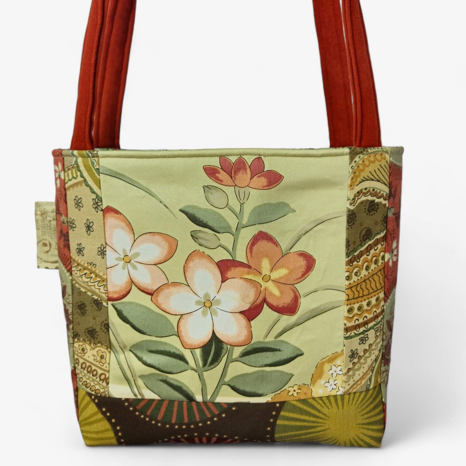 Handsewn Tote Bag, Medium Homemade Handbag, Green and Brown, Floral ...