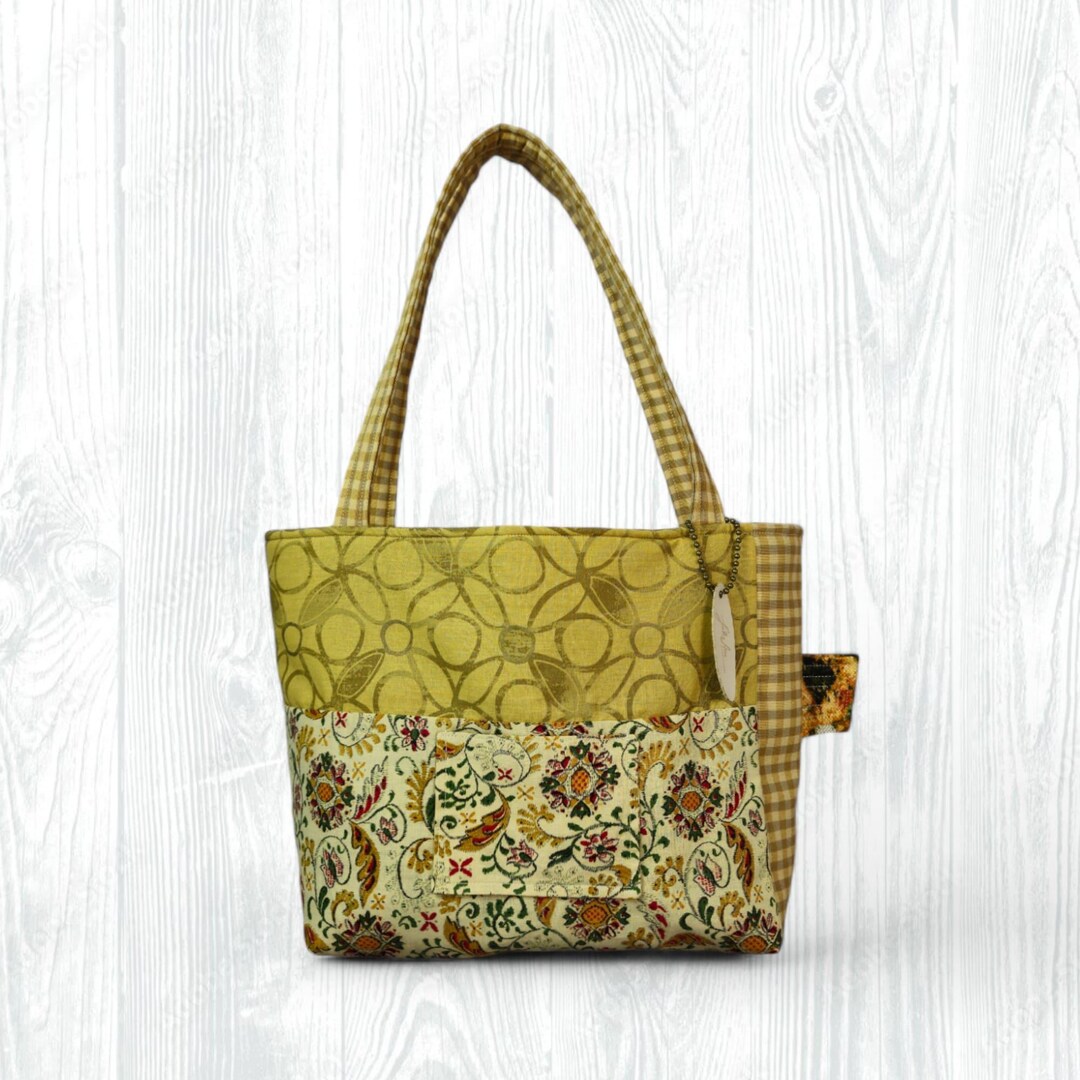 Handsewn Tote Bag, Medium Homemade Handbag, Yellow and Brown, Floral ...