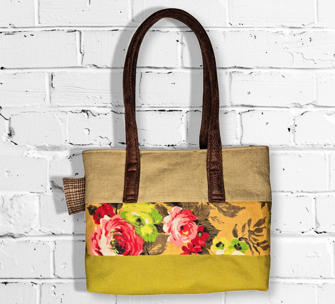 Handsewn Tote Bag, Medium Homemade Handbag, Green and Dark Yellow ...