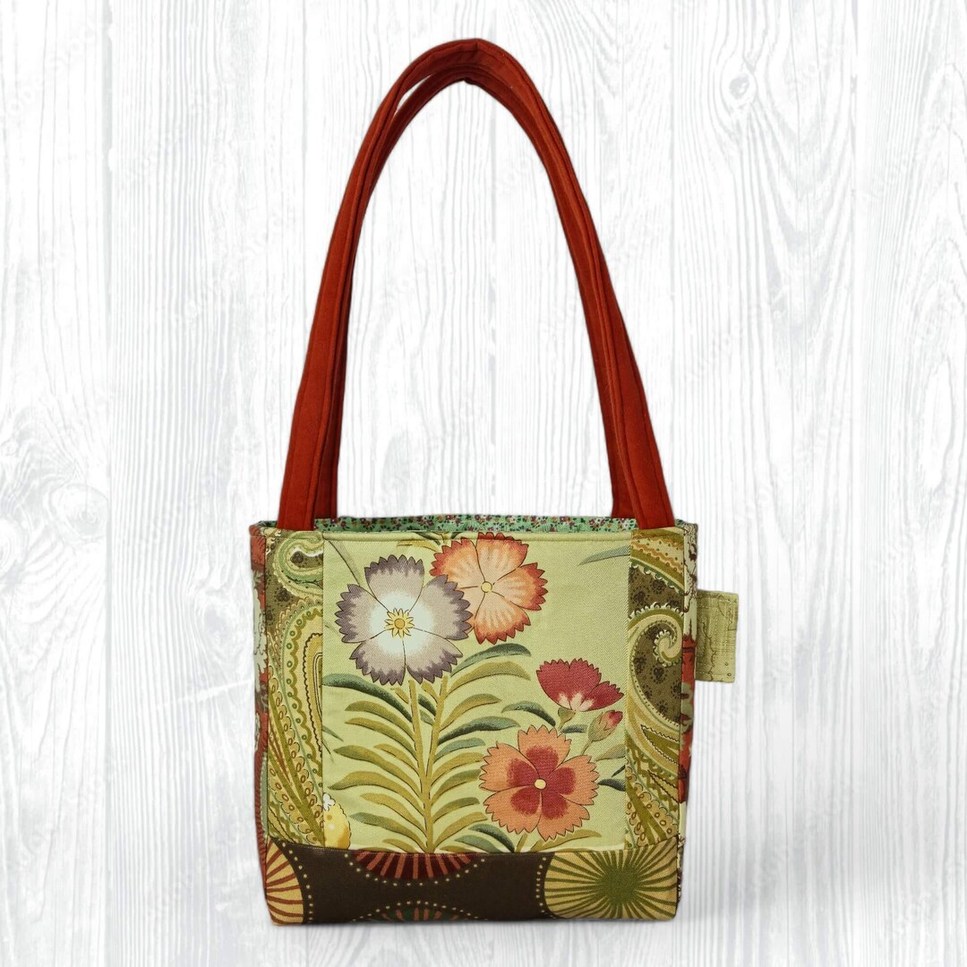 Handsewn Tote Bag, Medium Homemade Handbag, Green and Brown, Floral ...
