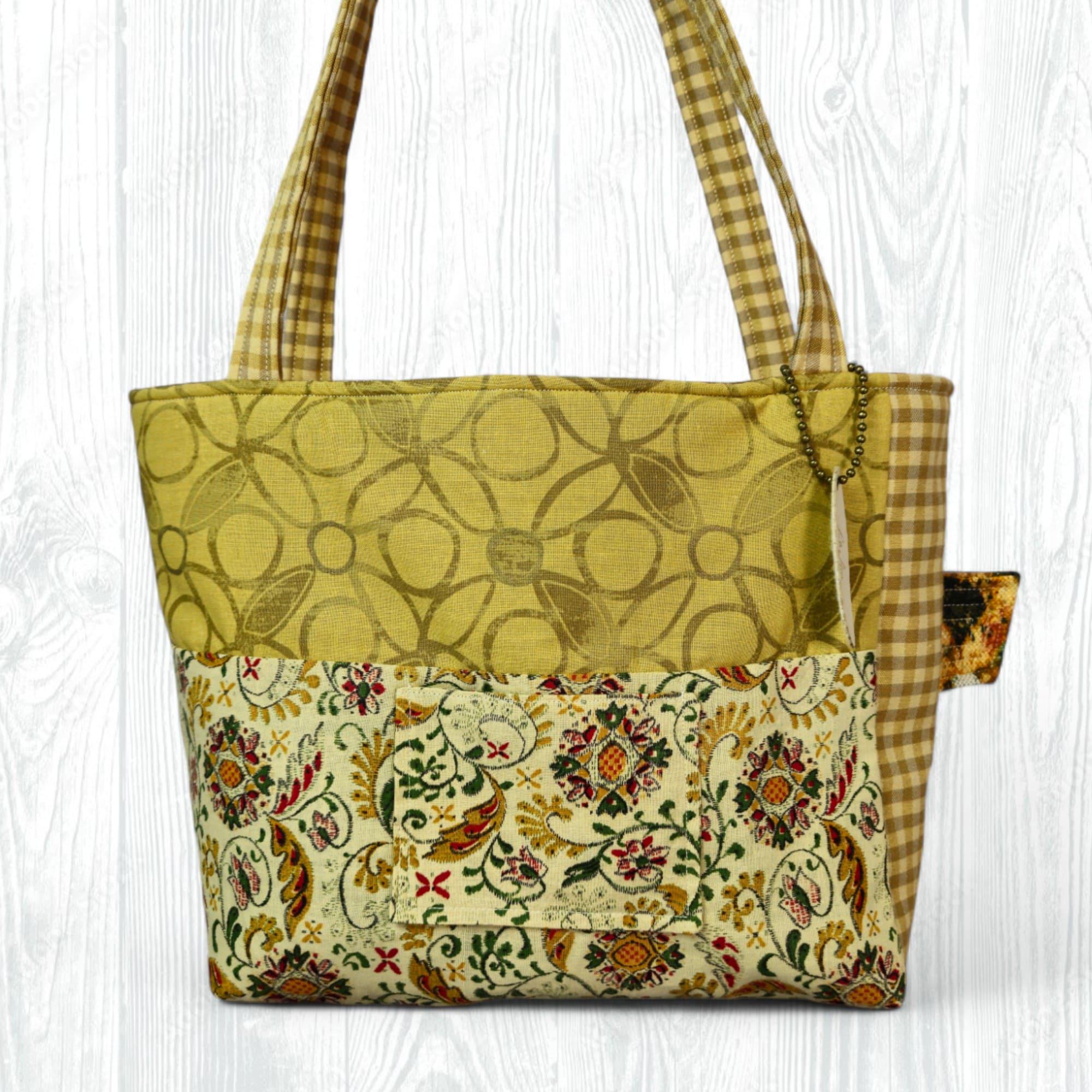 Handsewn Tote Bag, Medium Homemade Handbag, Yellow and Brown, Floral ...