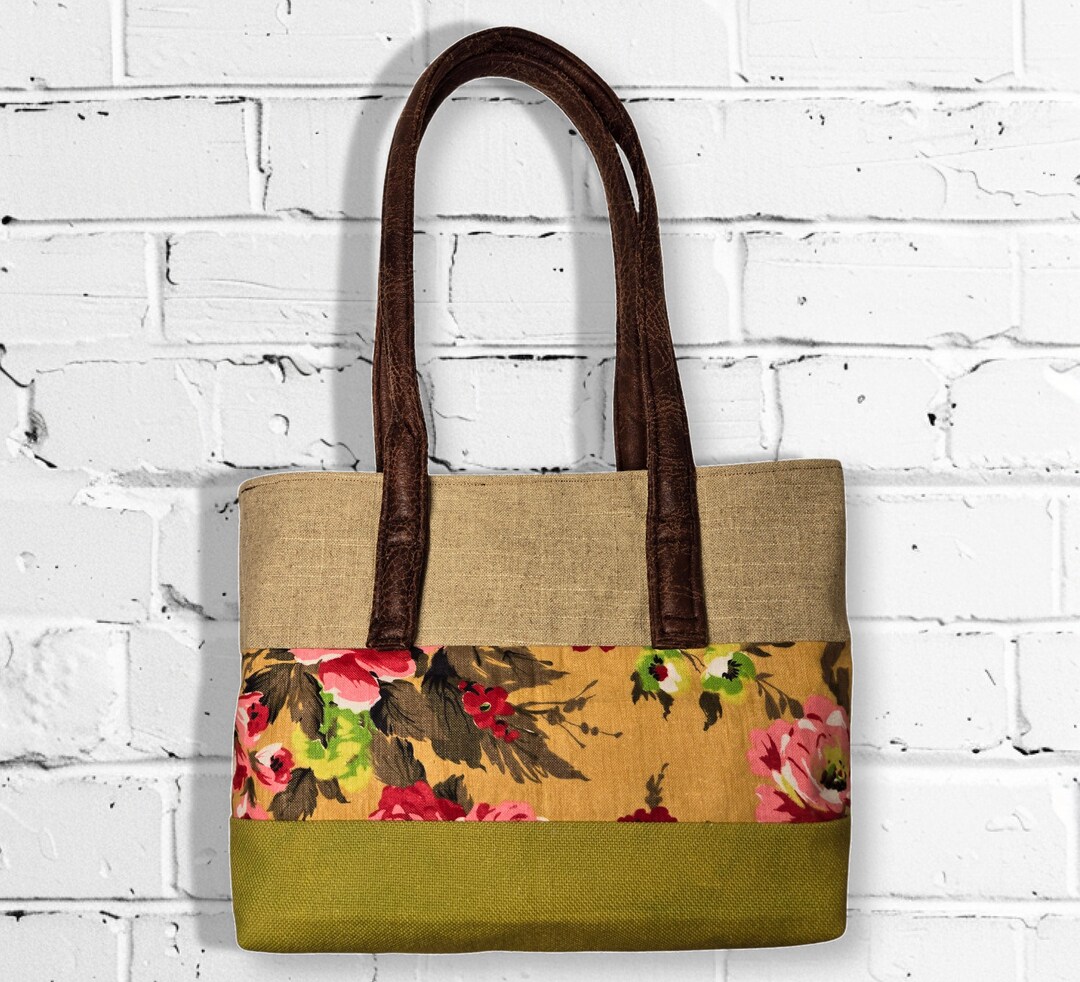 Handsewn Tote Bag, Medium Homemade Handbag, Green and Dark Yellow ...