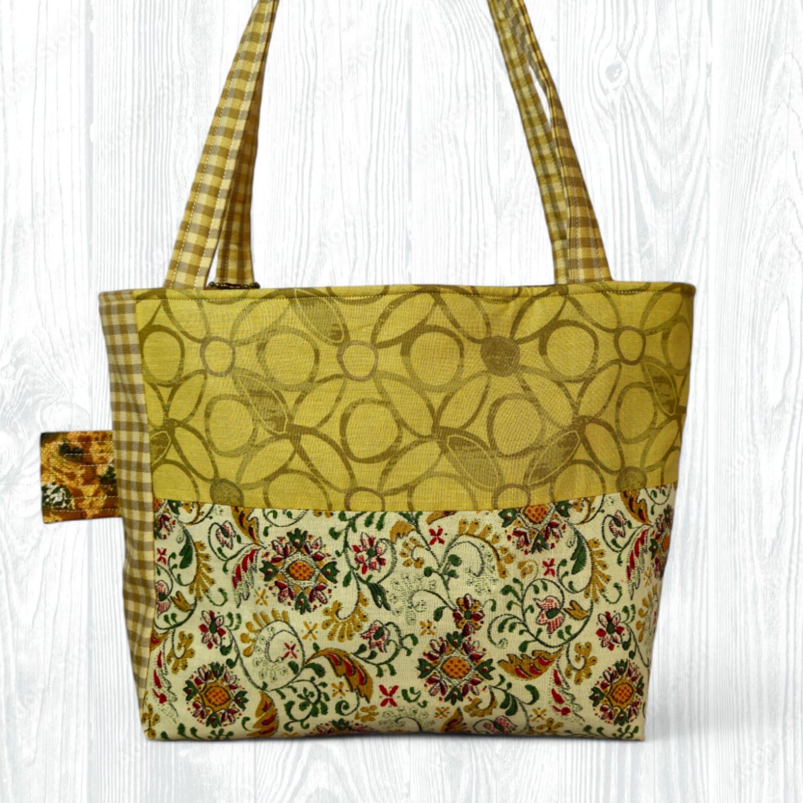 Handsewn Tote Bag, Medium Homemade Handbag, Yellow and Brown, Floral ...