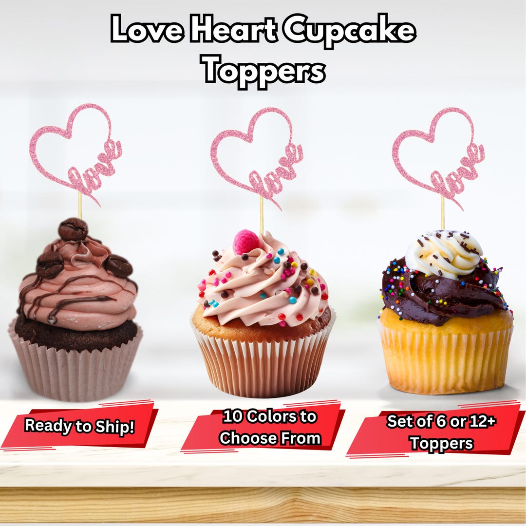 Love Heart Cupcake Toppers, Valentines Day Party Decor, Engagement ...