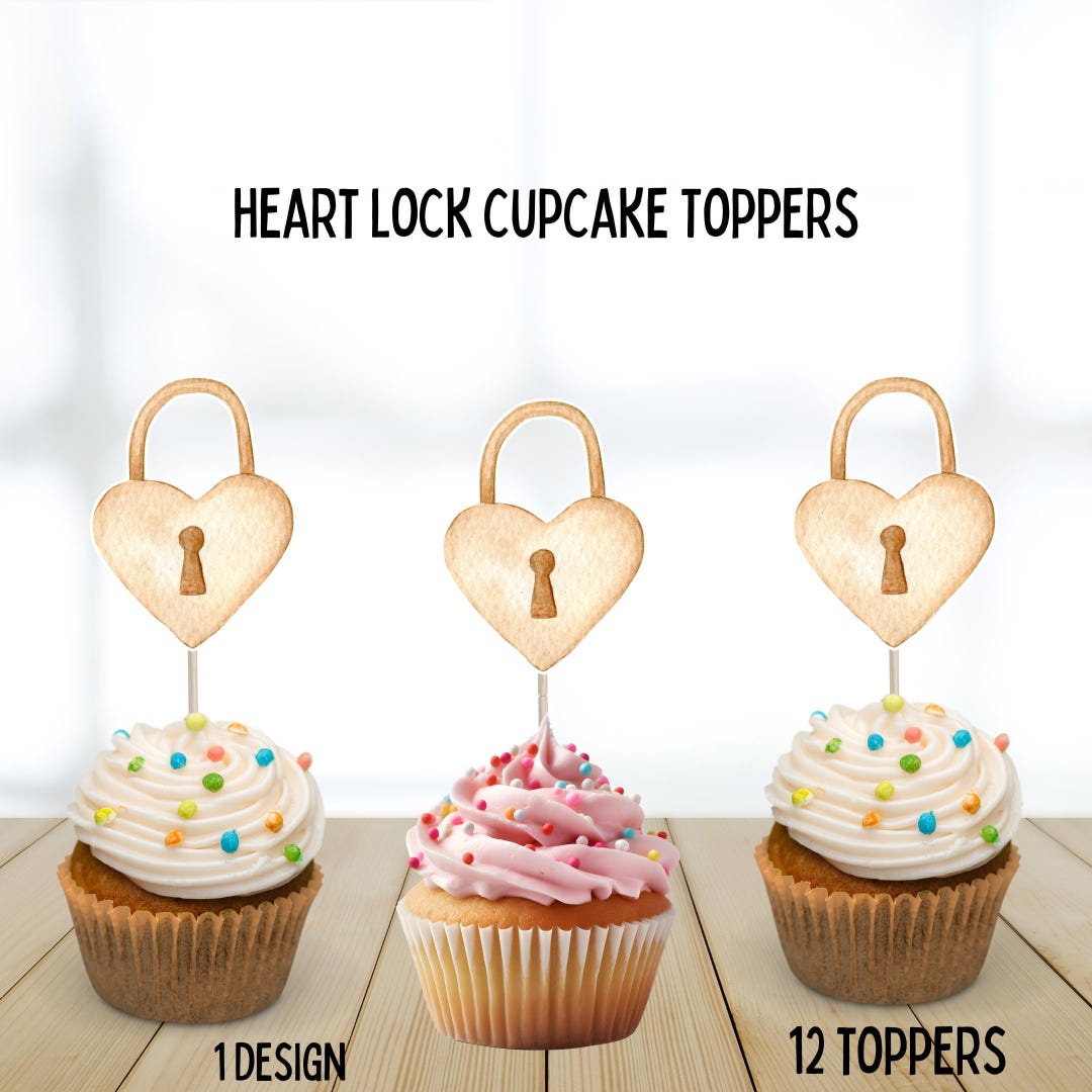 Heart Lock Cupcake Toppers, Keys, Hearts Toppers, Locks Theme, Birthday ...