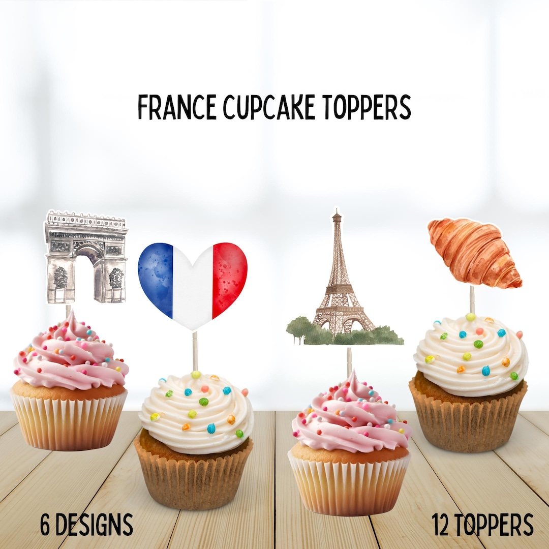 France Cupcake Toppers, French Flag, French Croissant, Eiffel Tower ...