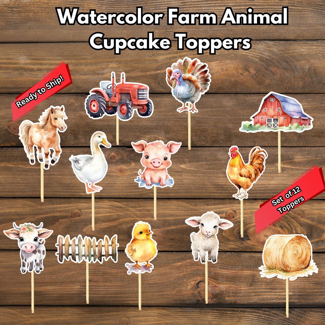 Watercolor Farm Animal Cupcake Toppers, Barnyard Animals Cupcake ...