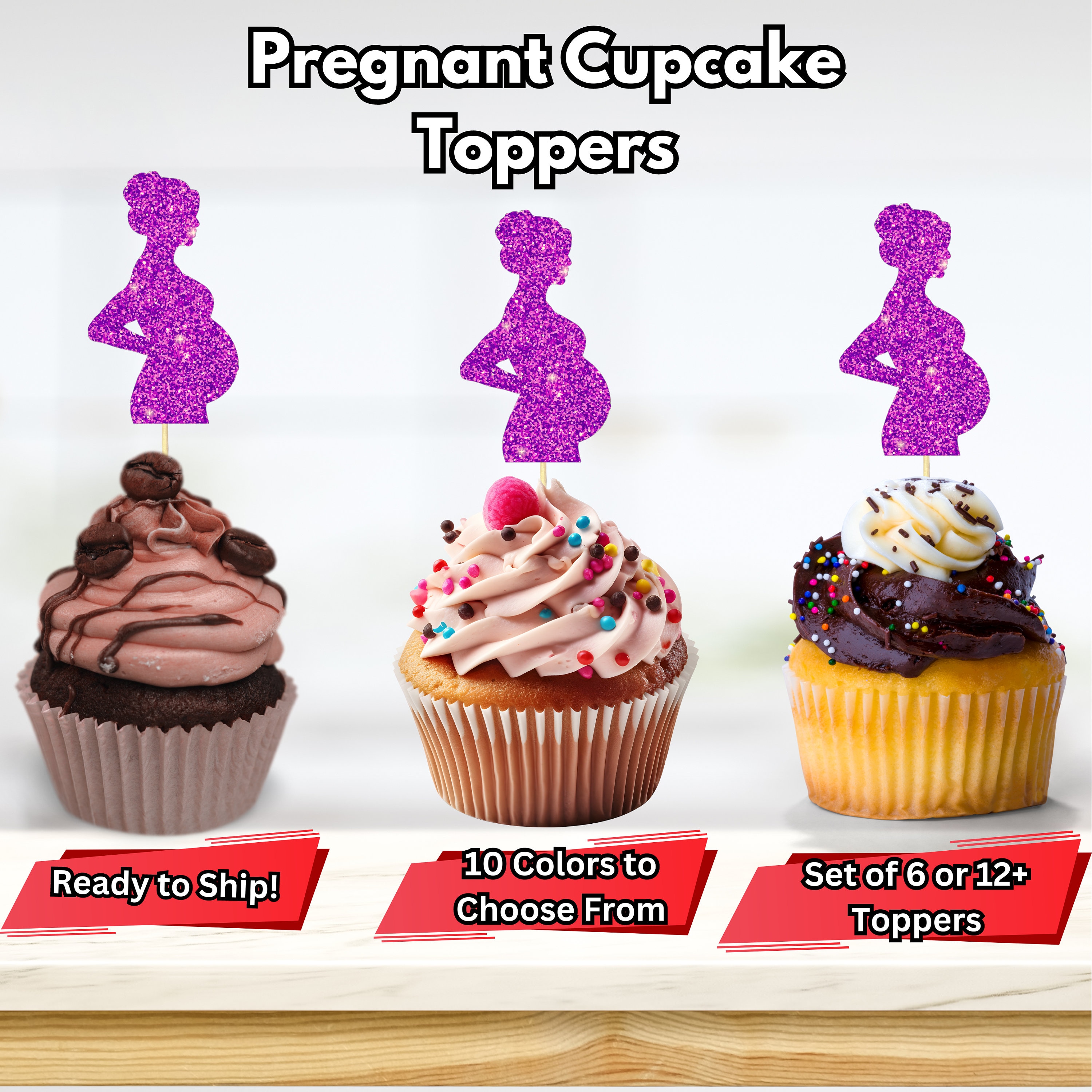 Pregnant Woman Cupcake Toppers, Baby Shower, Gender Reveal Decor ...