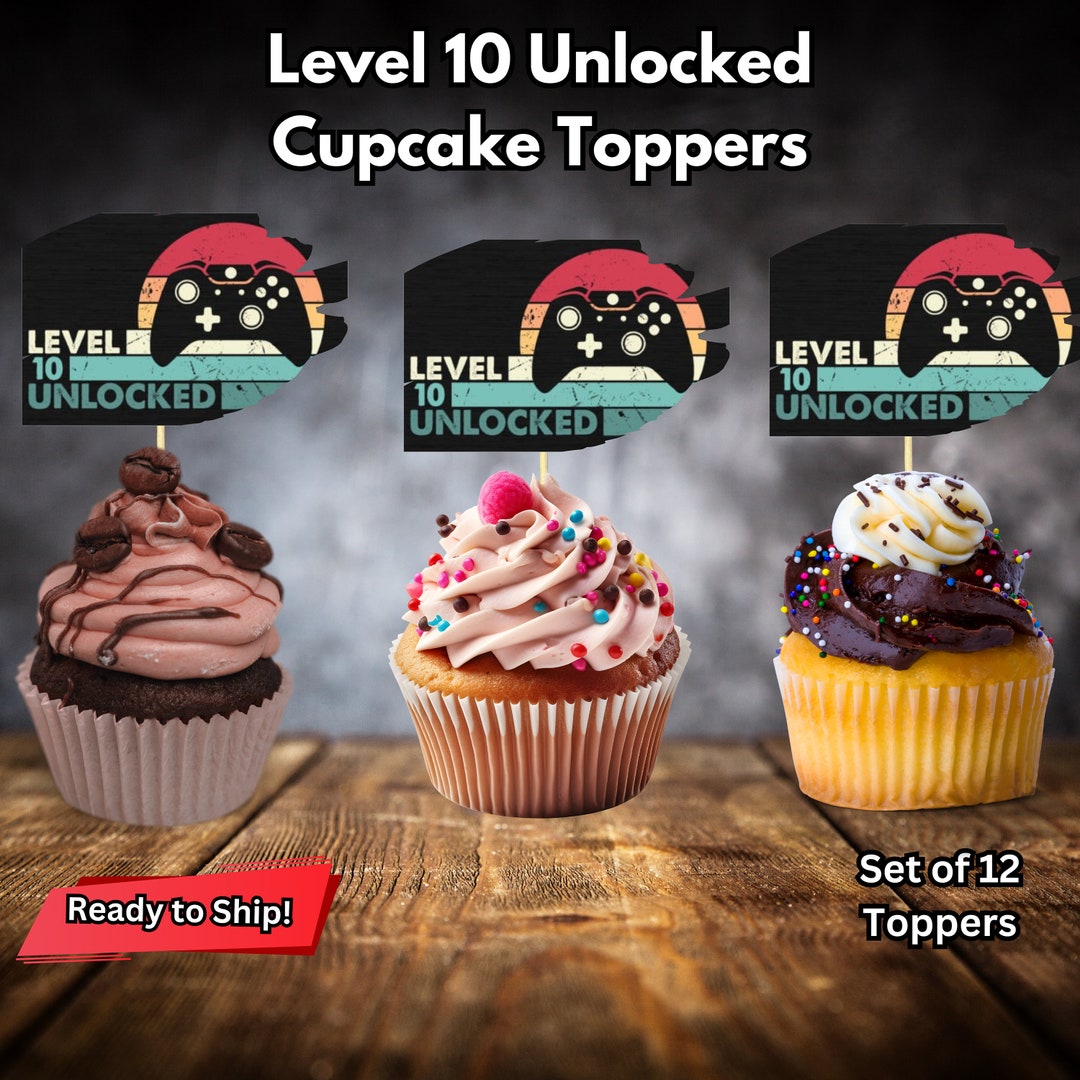 Level 10 Unlocked Cupcake Toppers, Gaming Controller, 10th Birthday ...
