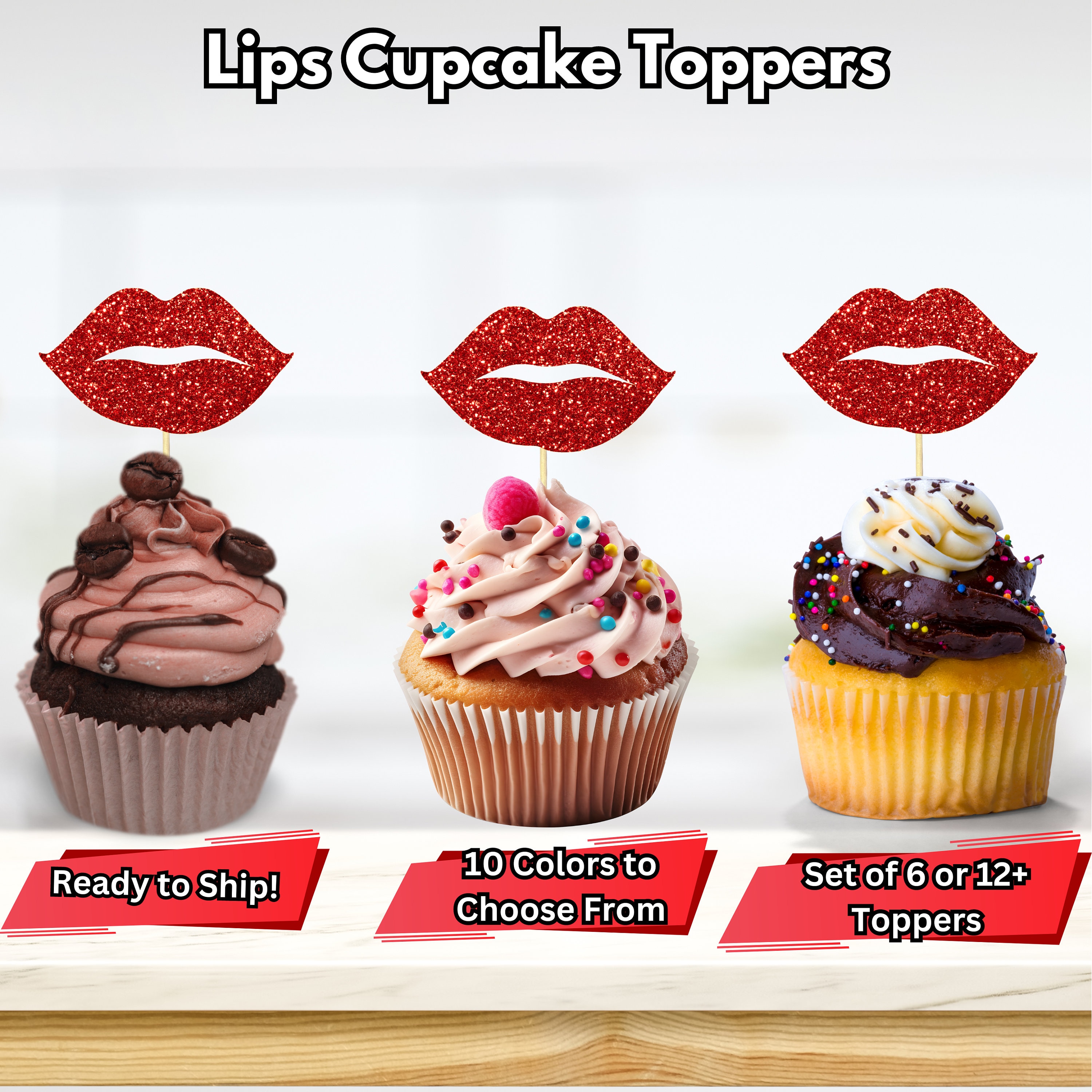 Lips Cupcake Toppers, Lipstick Toppers, Bridal Shower Cupcake Toppers ...