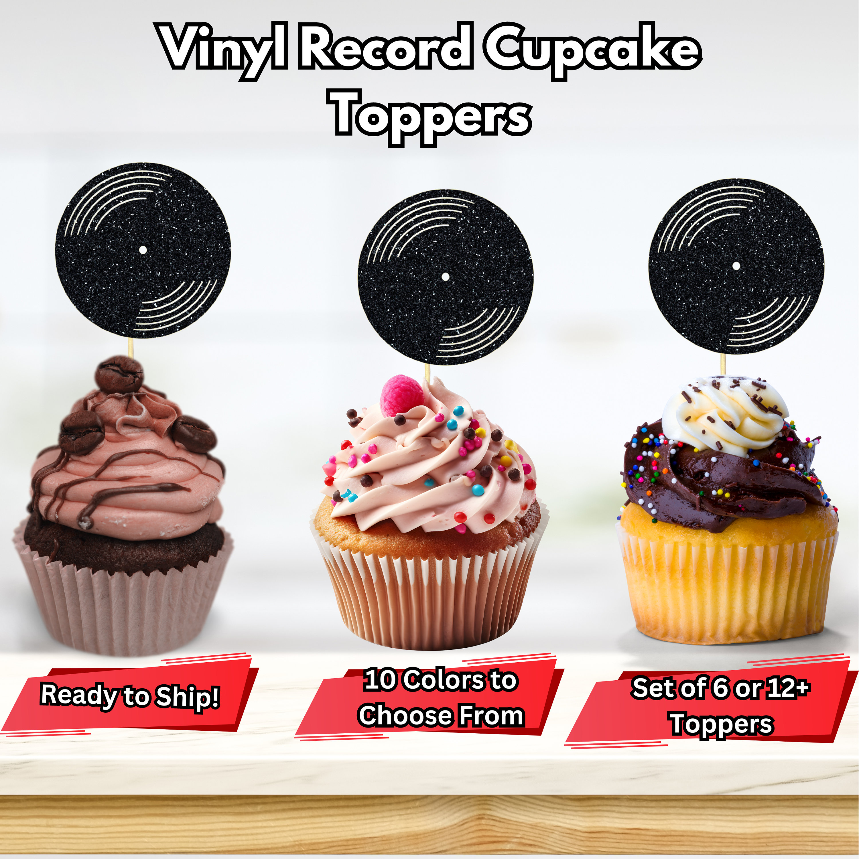 Vinyl Record Cupcake Toppers, 80's Party, Music Theme Birthday Decor ...